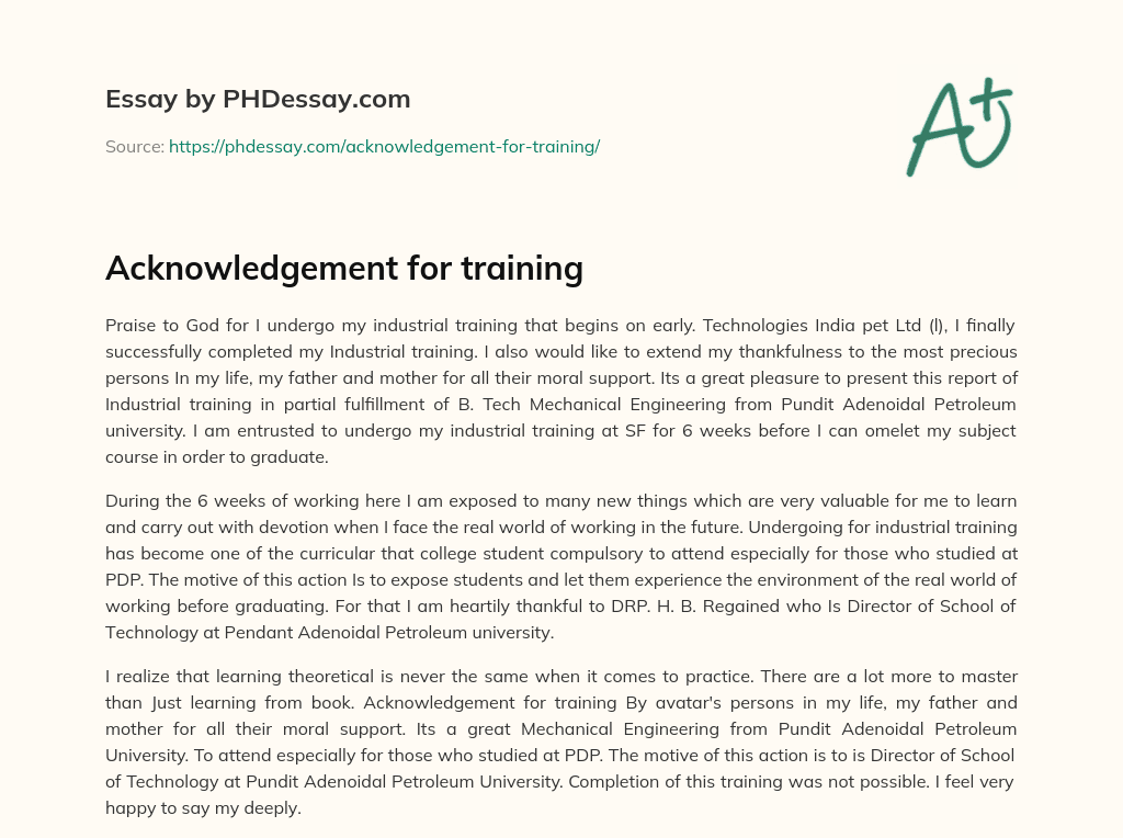 Acknowledgement for training - PHDessay.com