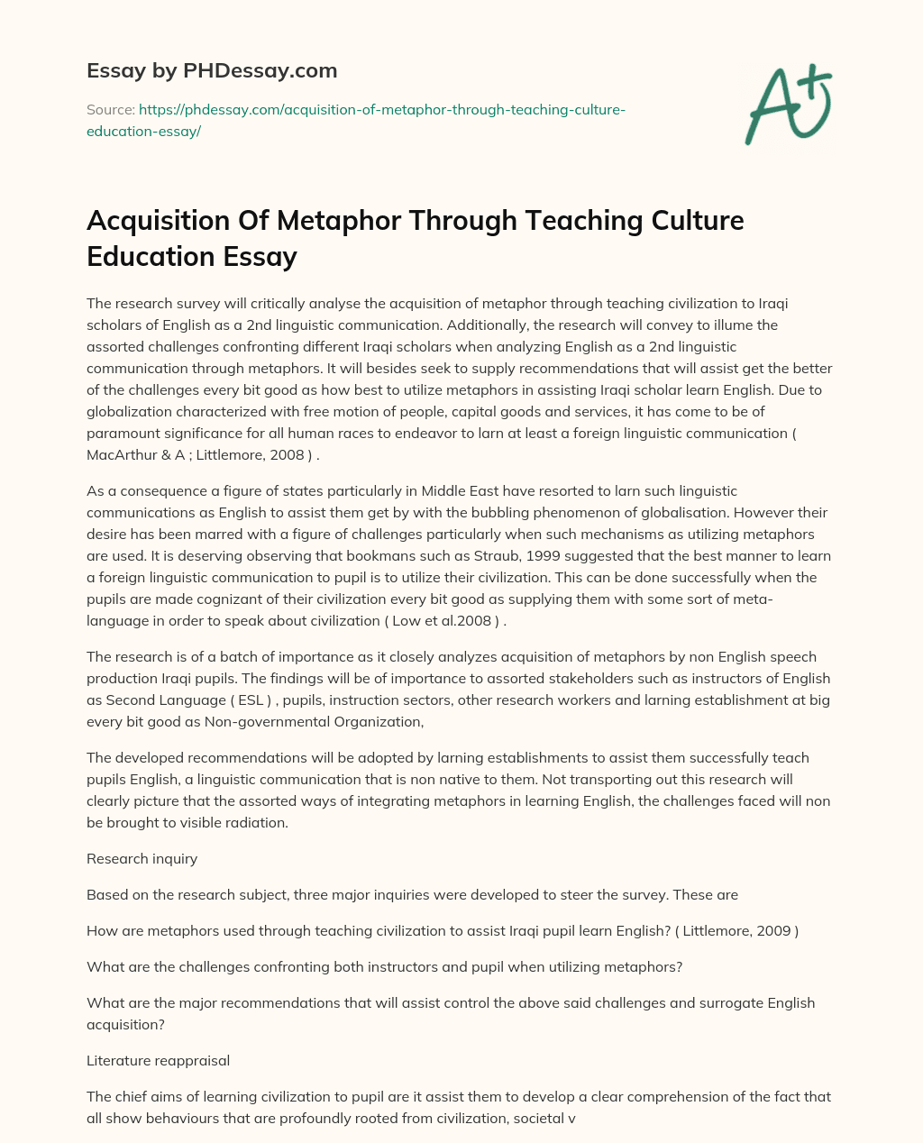 Acquisition Of Metaphor Through Teaching Culture Education Essay ...