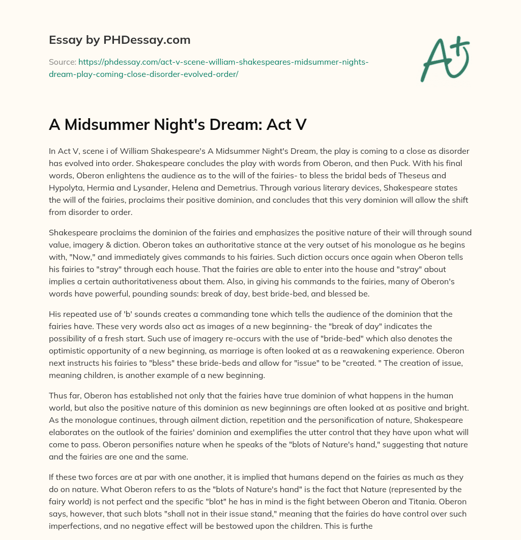 A Midsummer Night's Dream: Act V - PHDessay.com