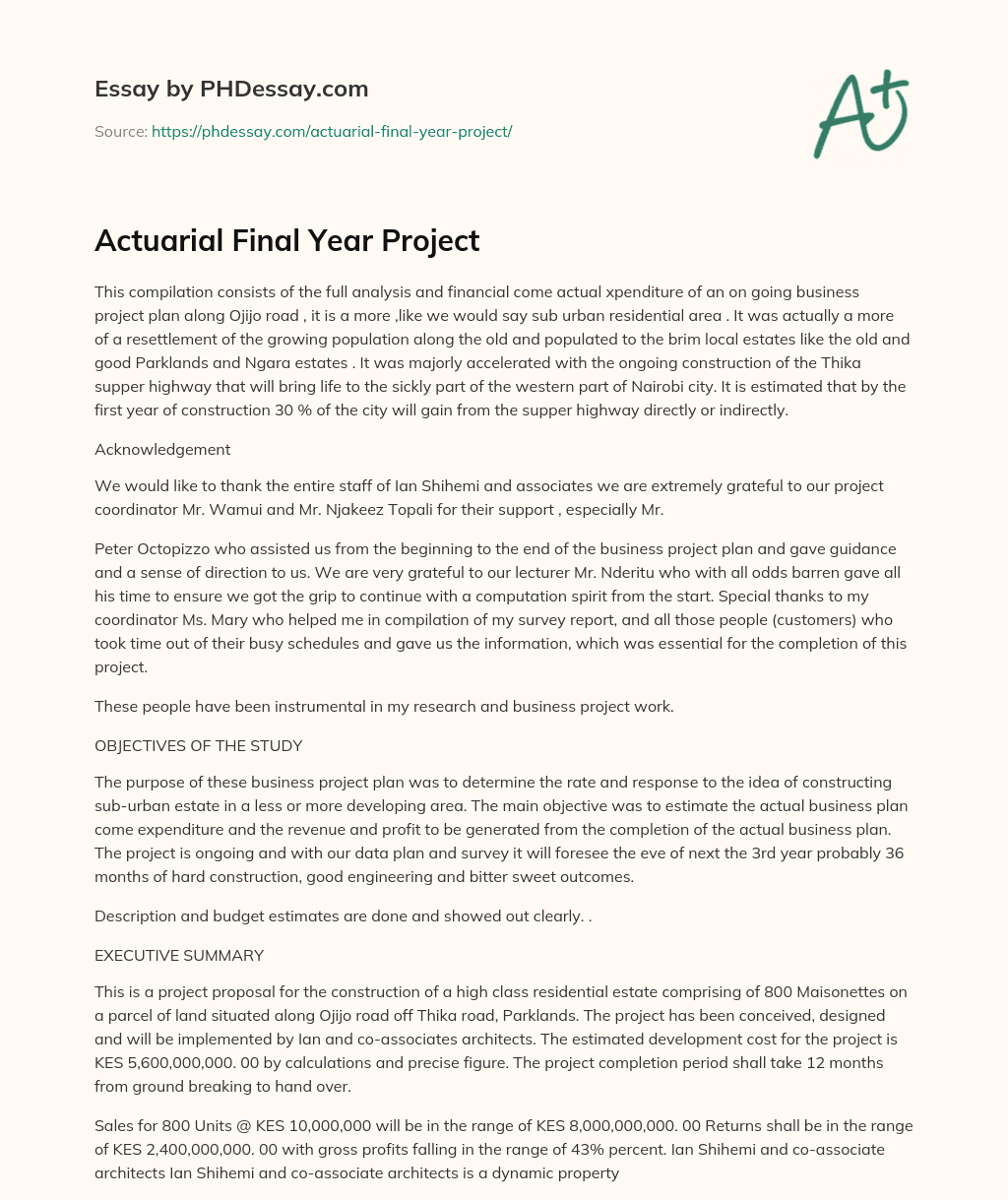 Actuarial Final Year Project - PHDessay.com