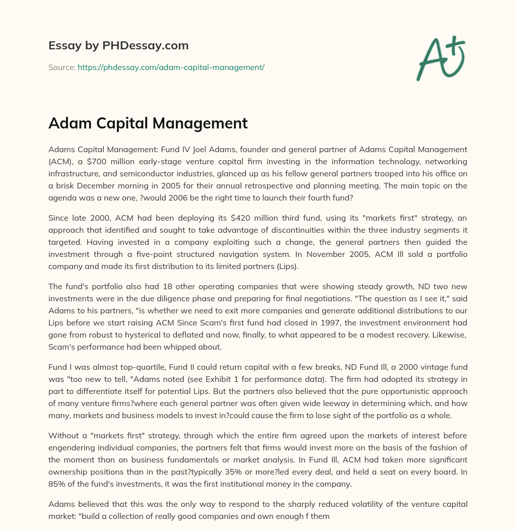 Adam Capital Management - PHDessay.com