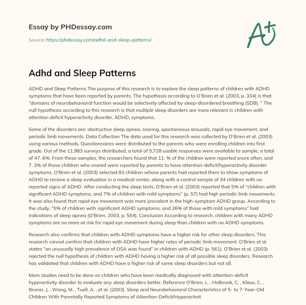 Adhd and Sleep Patterns (500 Words) - PHDessay.com