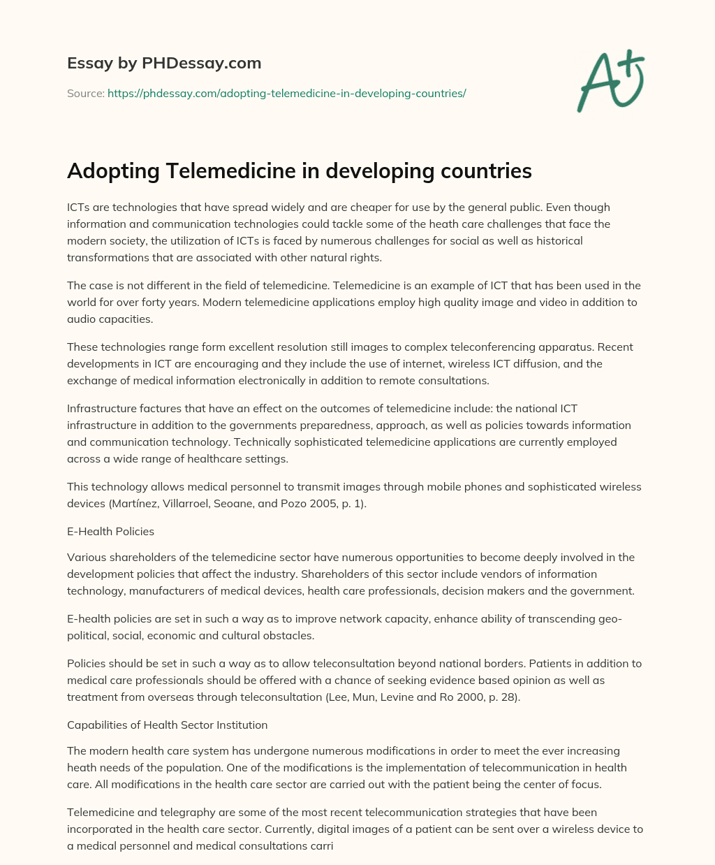 Adopting Telemedicine in developing countries - PHDessay.com