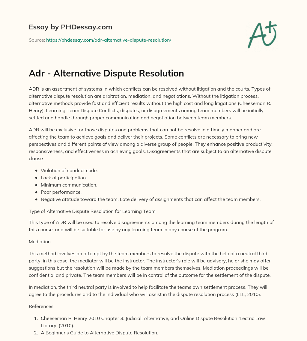 Adr - Alternative Dispute Resolution (300 Words) - PHDessay.com