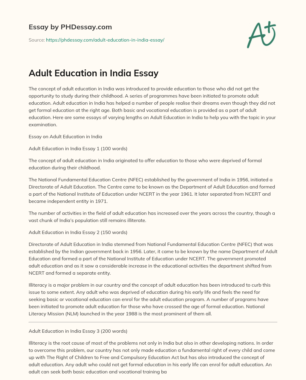 Adult Education in India Essay - PHDessay.com