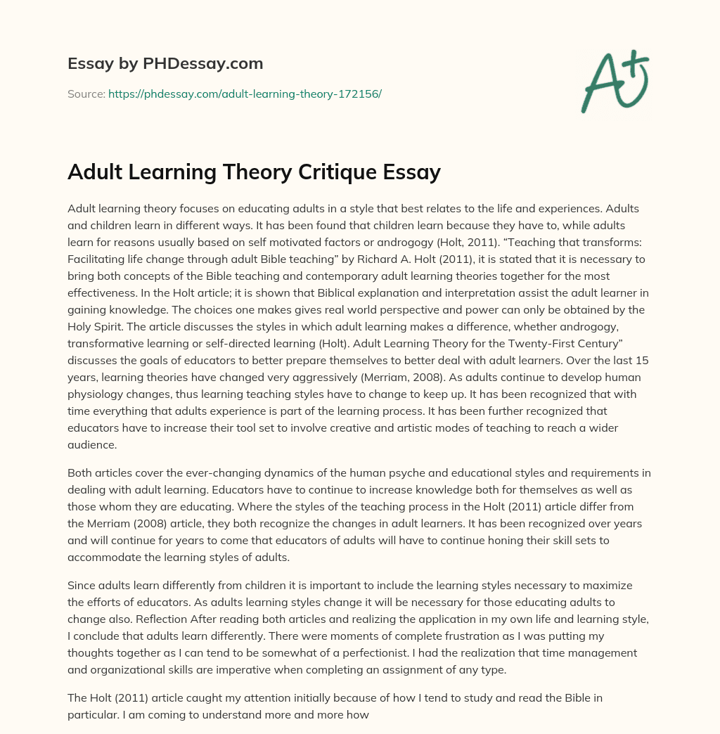 Adult Learning Theory Critique Essay - PHDessay.com