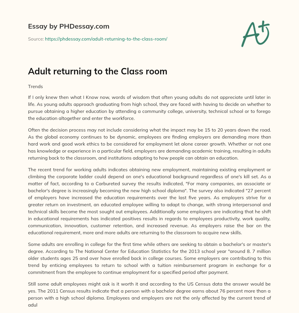 Adult returning to the Class room - PHDessay.com