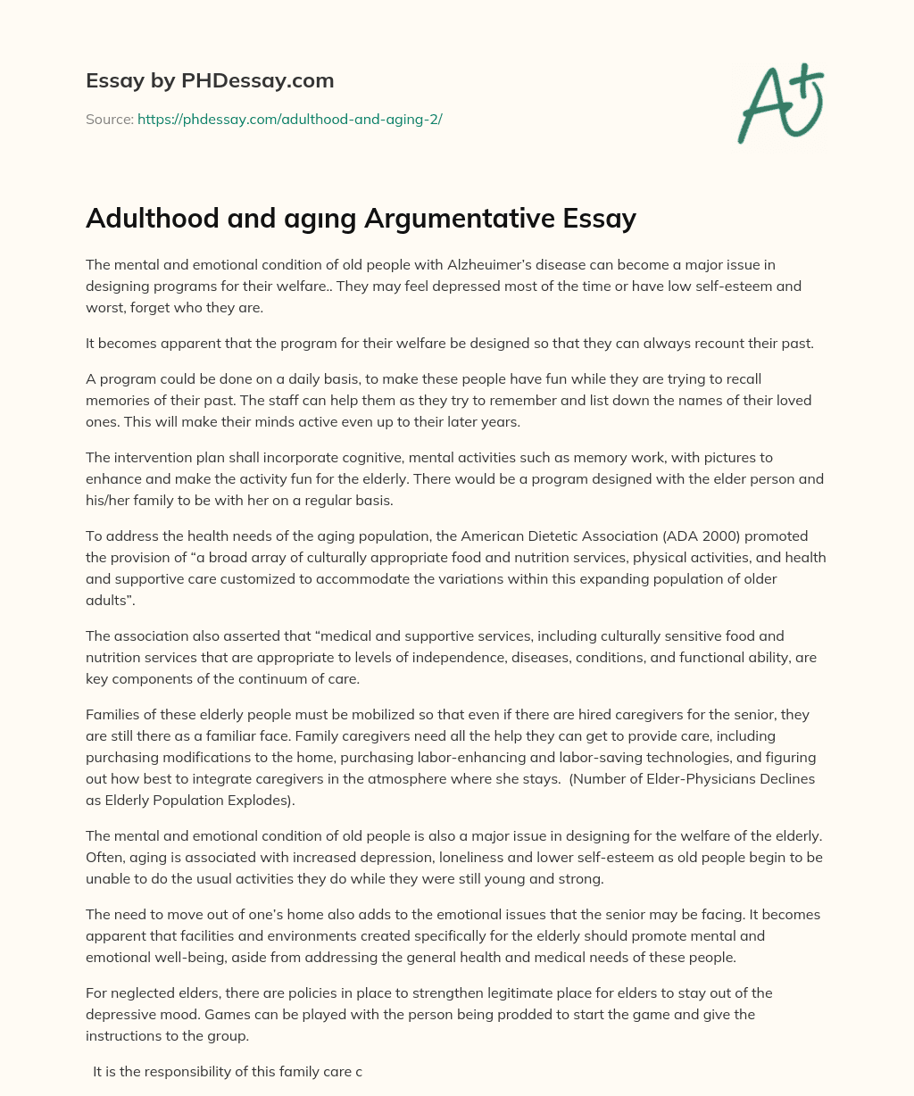 Adulthood and agıng Argumentative Essay - PHDessay.com