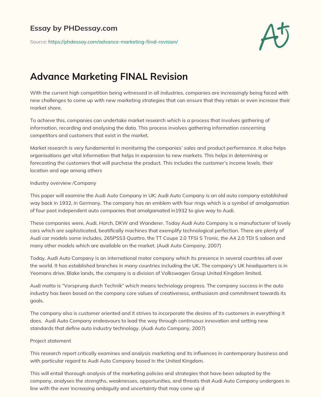 Advance Marketing FINAL Revision - PHDessay.com