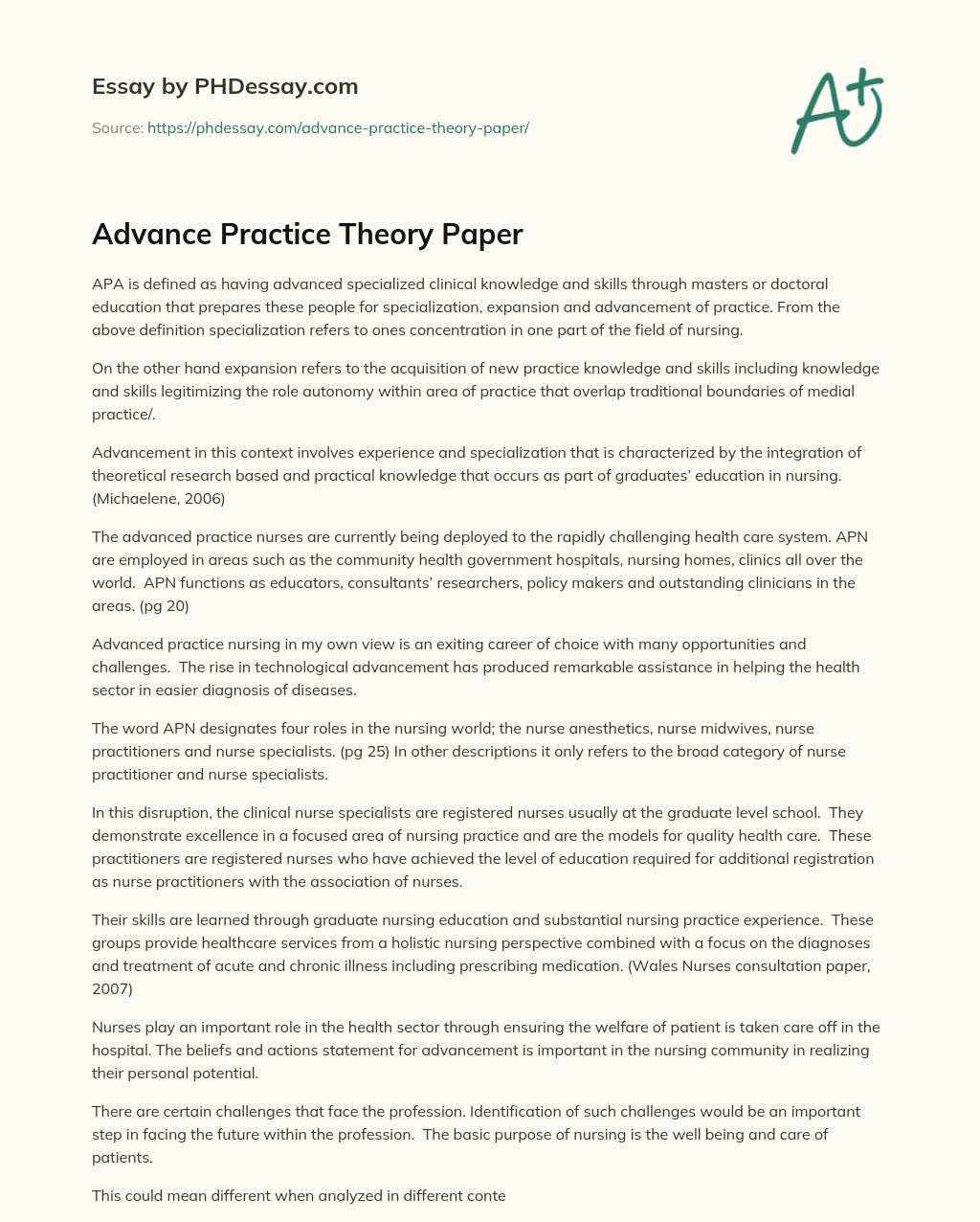 Advance Practice Theory Paper - PHDessay.com