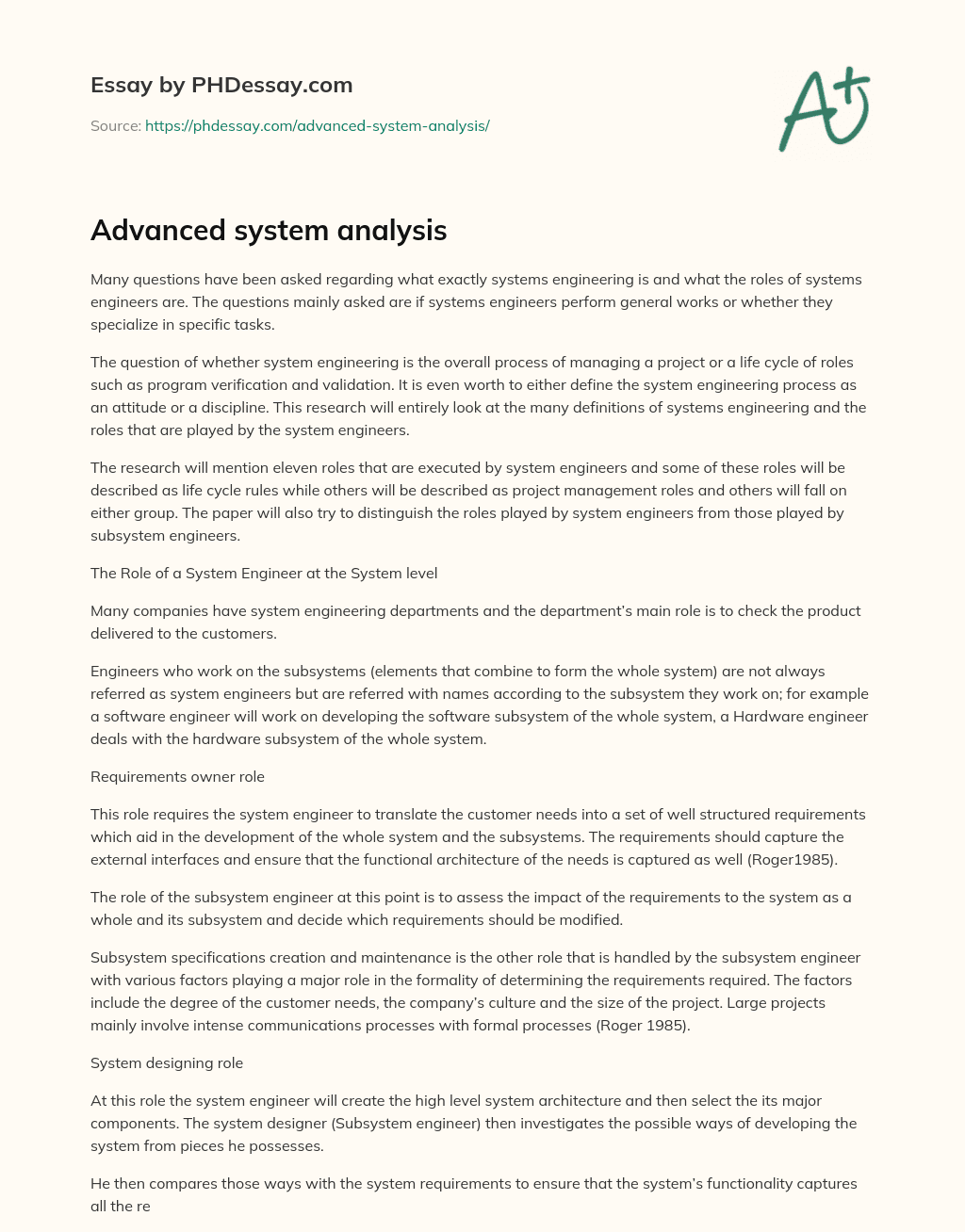 Advanced system analysis - PHDessay.com