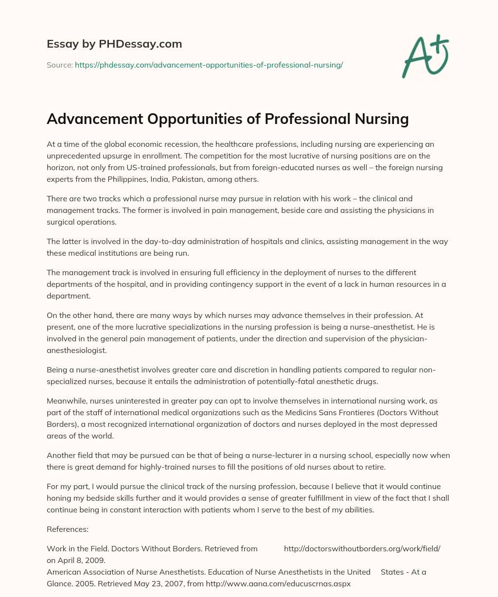 Advancement Opportunities Of Professional Nursing 400 Words