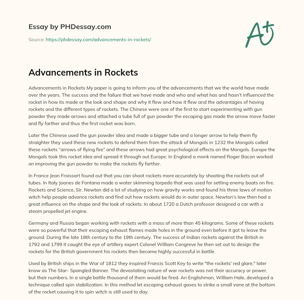 Advancements in Rockets (500 Words) - PHDessay.com