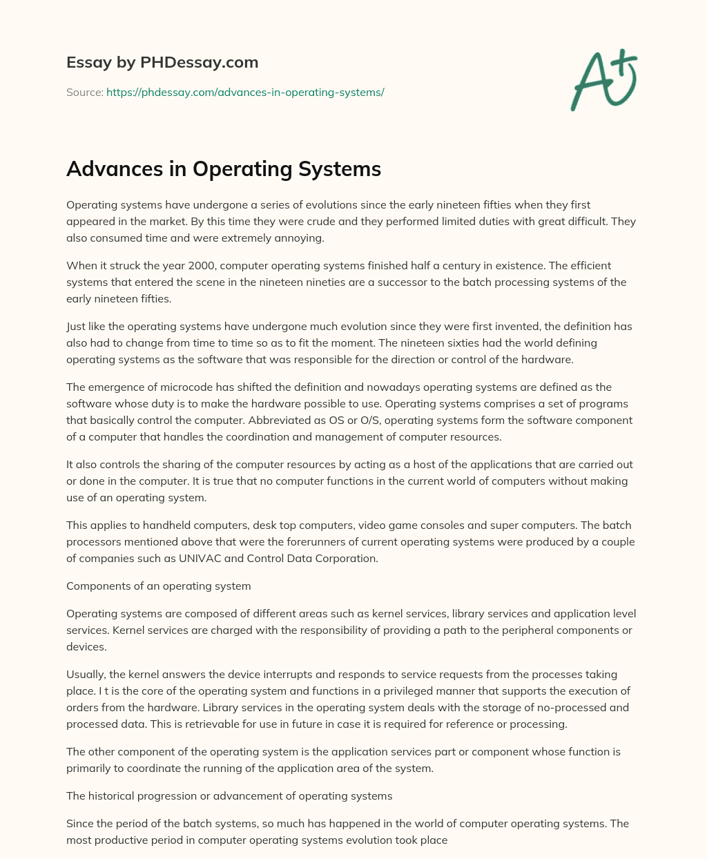 Advances In Operating Systems Process Essay Example - PHDessay.com