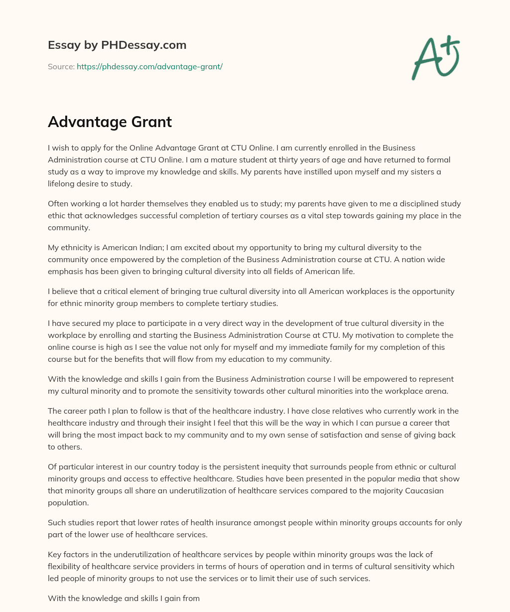 Advantage Grant Essay Example (600 Words) - PHDessay.com