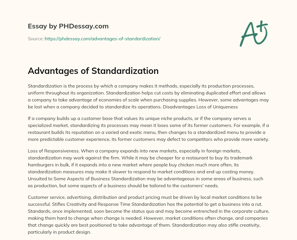 Advantages of Standardization (300 Words) - PHDessay.com
