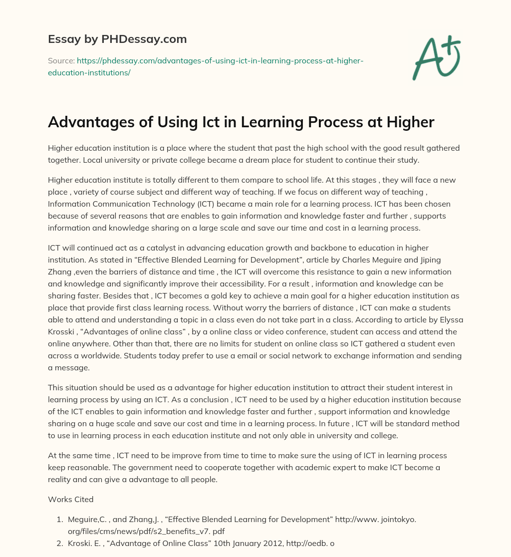 Advantages of Using Ict in Learning Process at Higher (500 Words ...