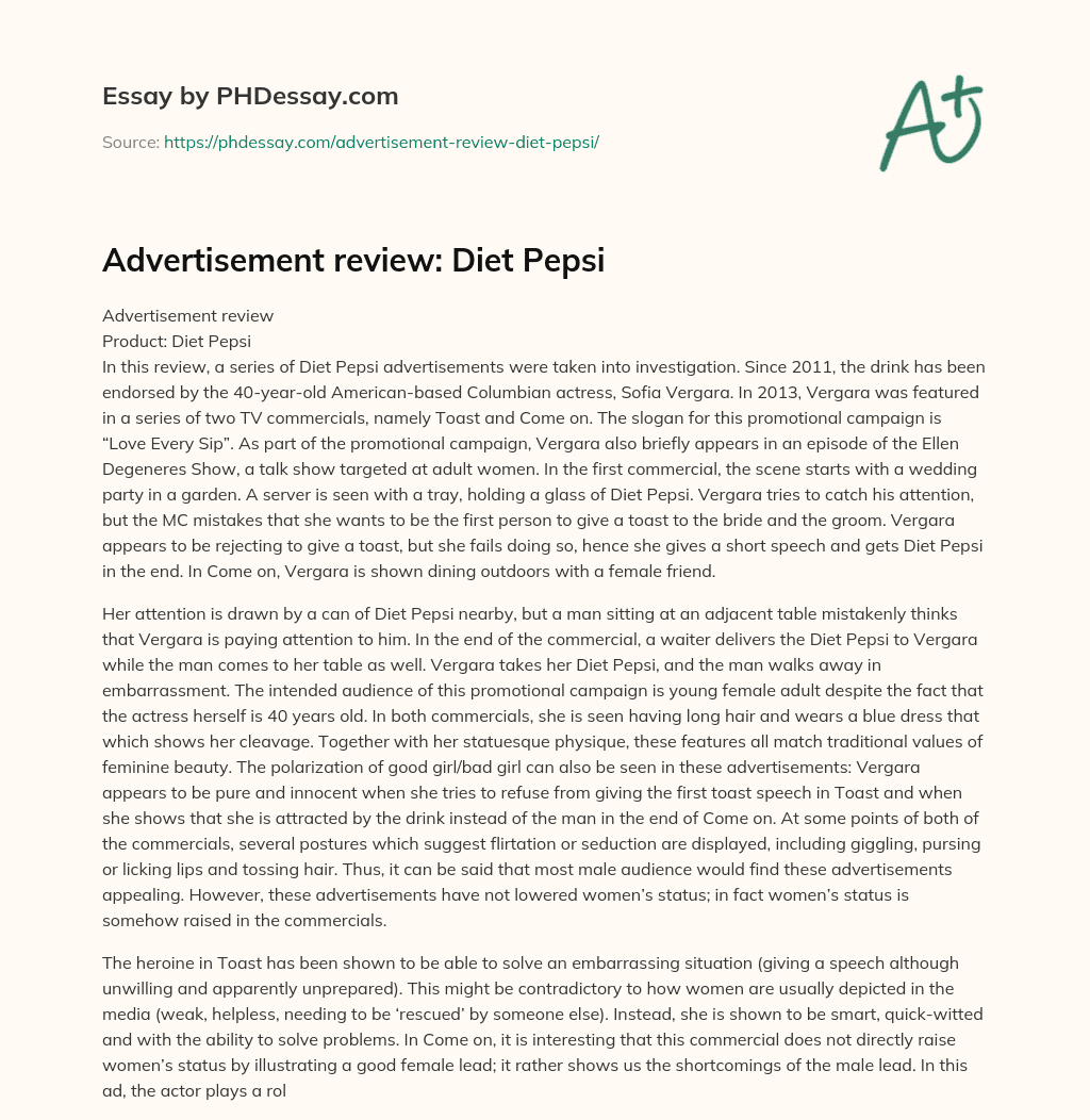 Advertisement review: Diet Pepsi - PHDessay.com