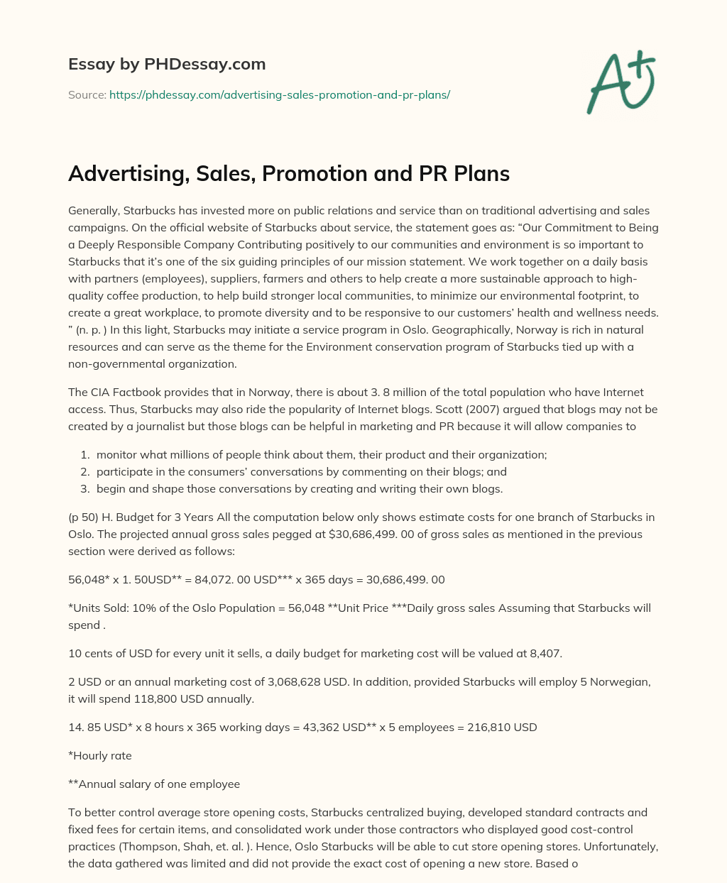 Advertising, Sales, Promotion and PR Plans - PHDessay.com