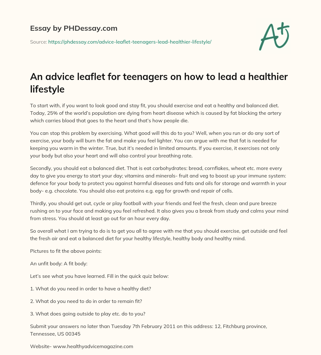 An advice leaflet for teenagers on how to lead a healthier lifestyle ...