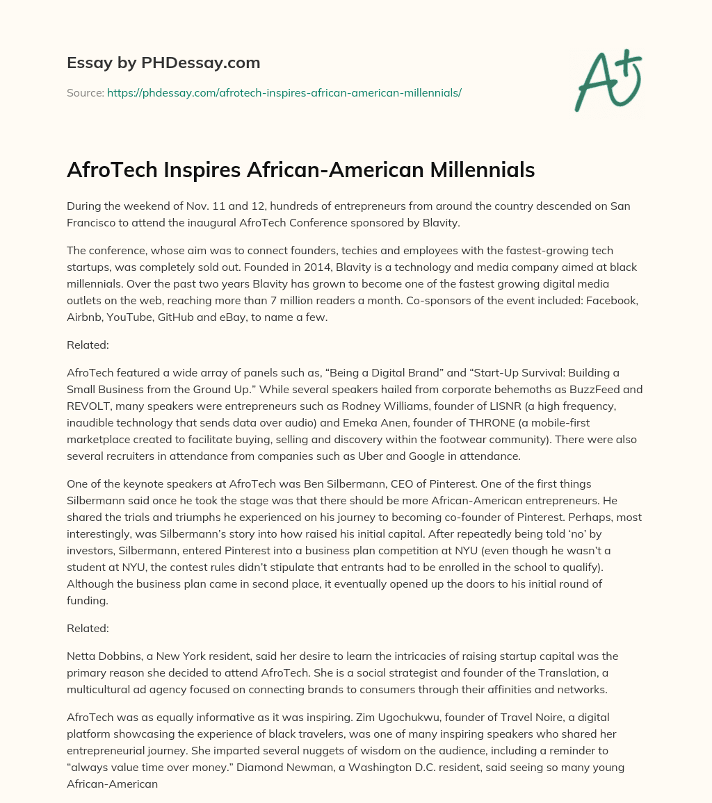 AfroTech Inspires African-American Millennials (500 Words) - PHDessay.com