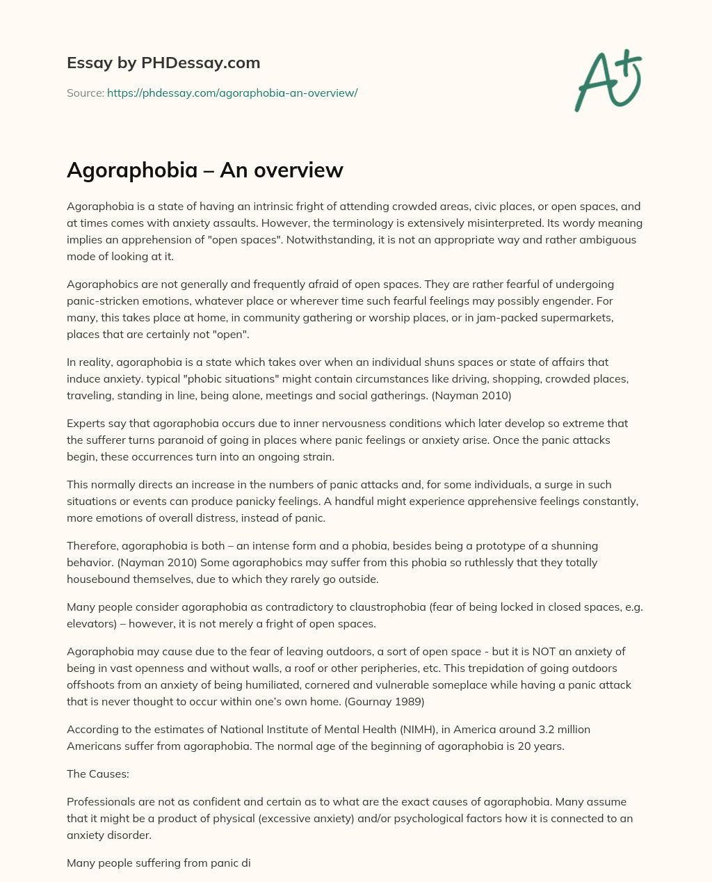 Agoraphobia – An overview - PHDessay.com