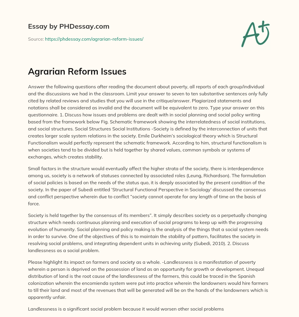 Agrarian Reform Issues - PHDessay.com