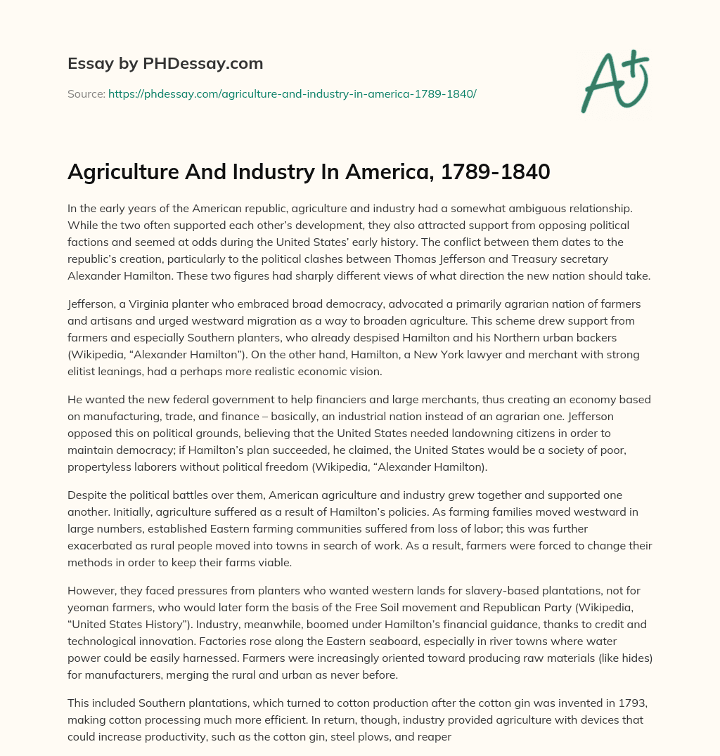 Agriculture And Industry In America, 1789-1840 - PHDessay.com