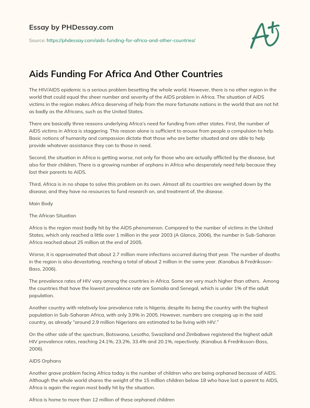 Aids Funding For Africa And Other Countries - PHDessay.com