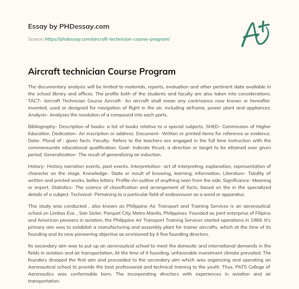 Aircraft technician Course Program (400 Words) - PHDessay.com