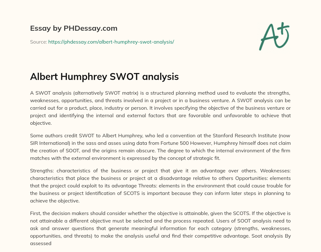 Albert Humphrey SWOT analysis (300 Words) - PHDessay.com