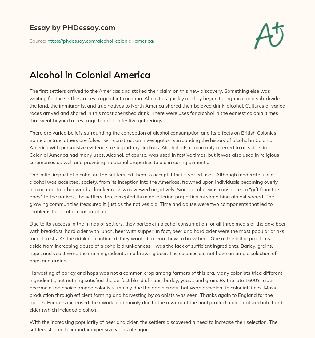 Alcohol in Colonial America - PHDessay.com