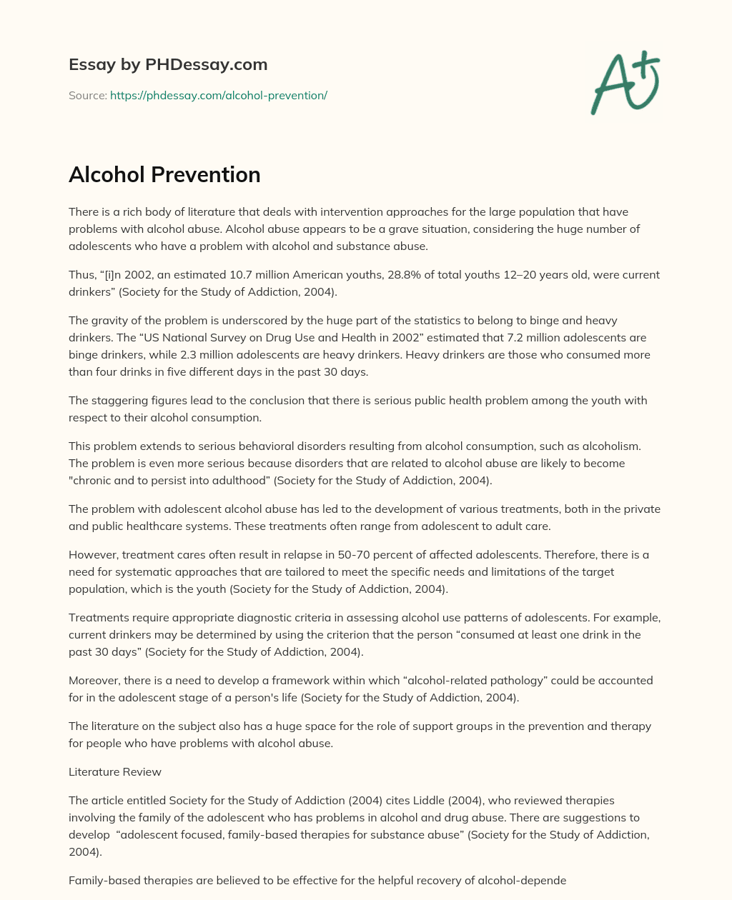 Alcohol Prevention - PHDessay.com