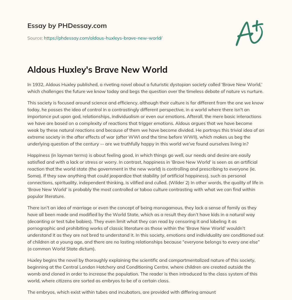 Aldous Huxley's Brave New World - PHDessay.com