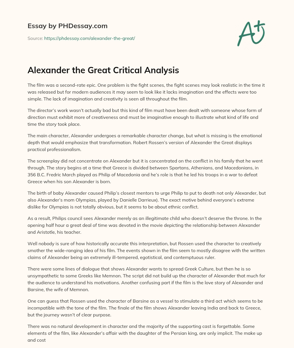 Alexander the Great Critical Analysis (600 Words) - PHDessay.com