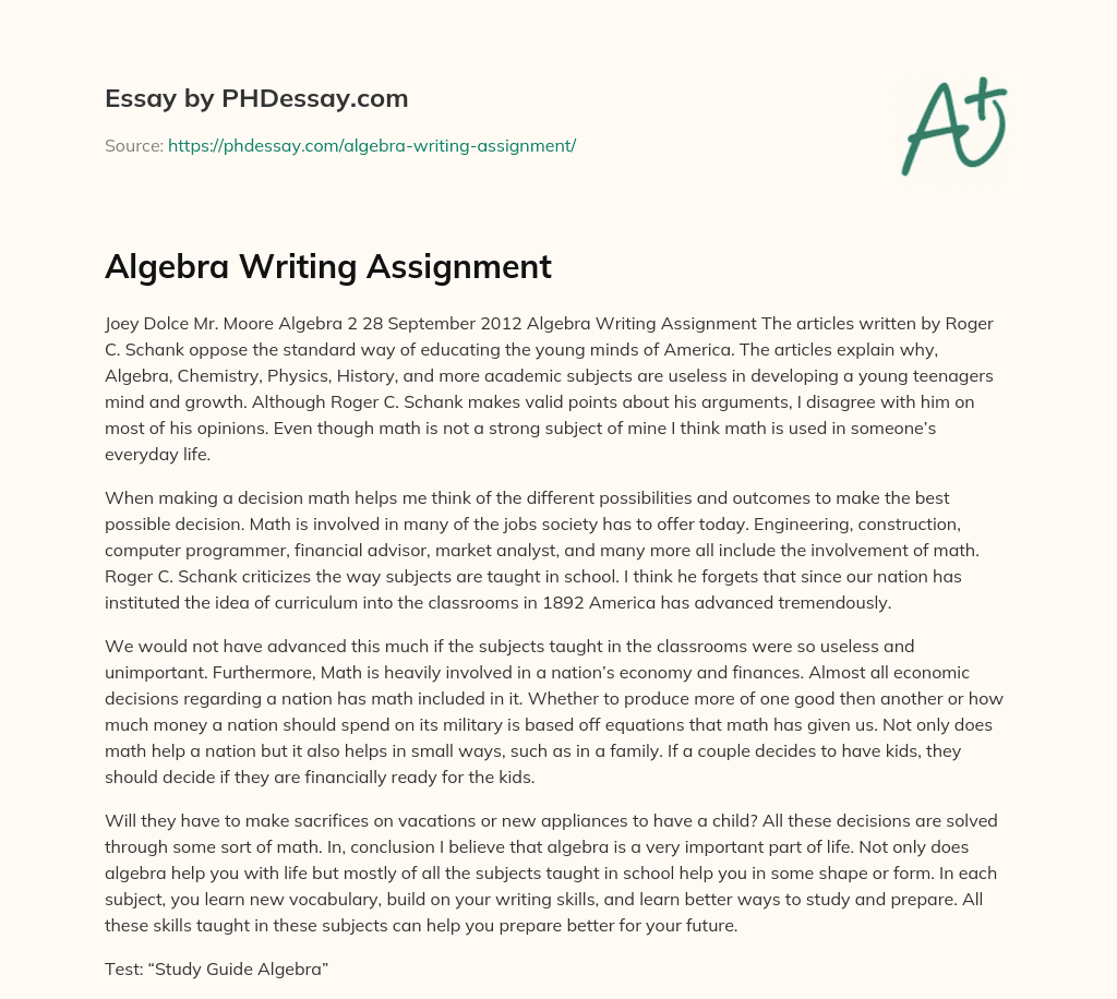 Algebra Writing Assignment (400 Words) - PHDessay.com