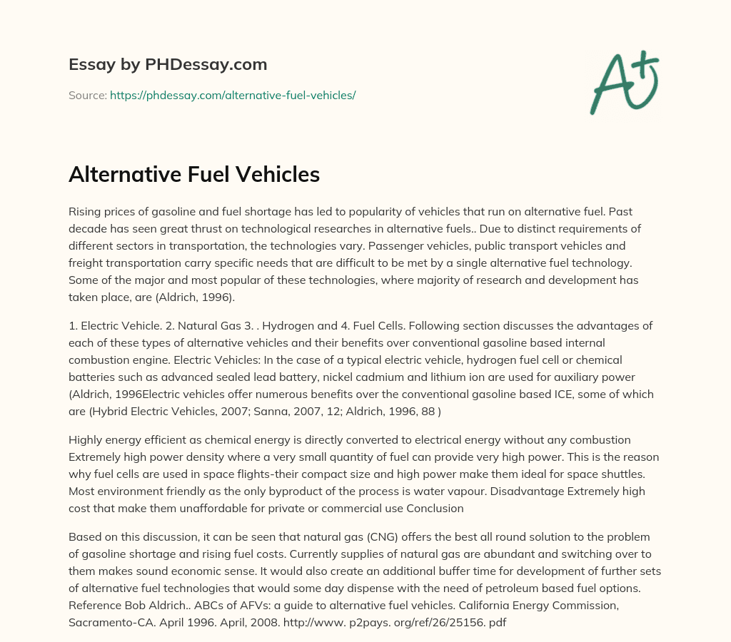 Alternative Fuel Vehicles (400 Words) - PHDessay.com