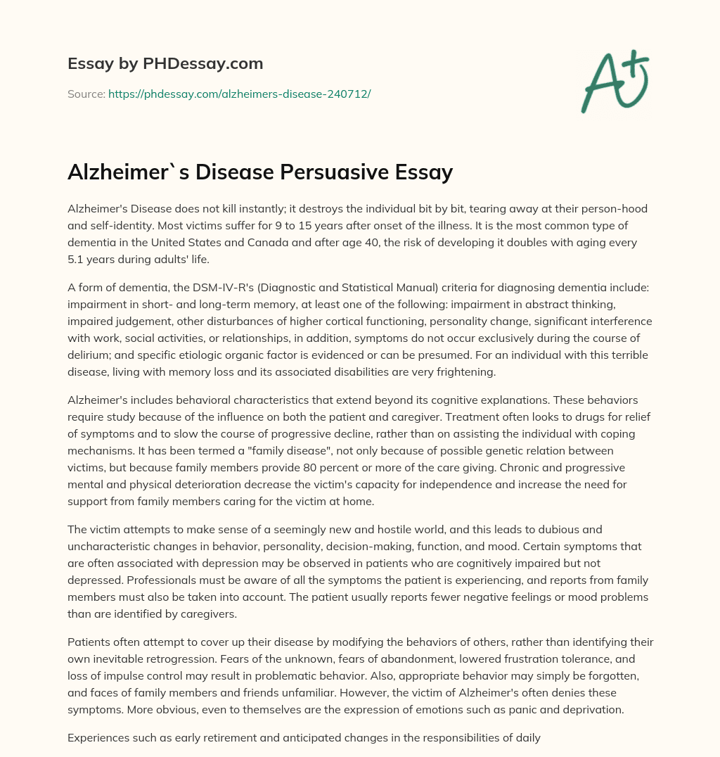 Alzheimer`s Disease Persuasive Essay - PHDessay.com