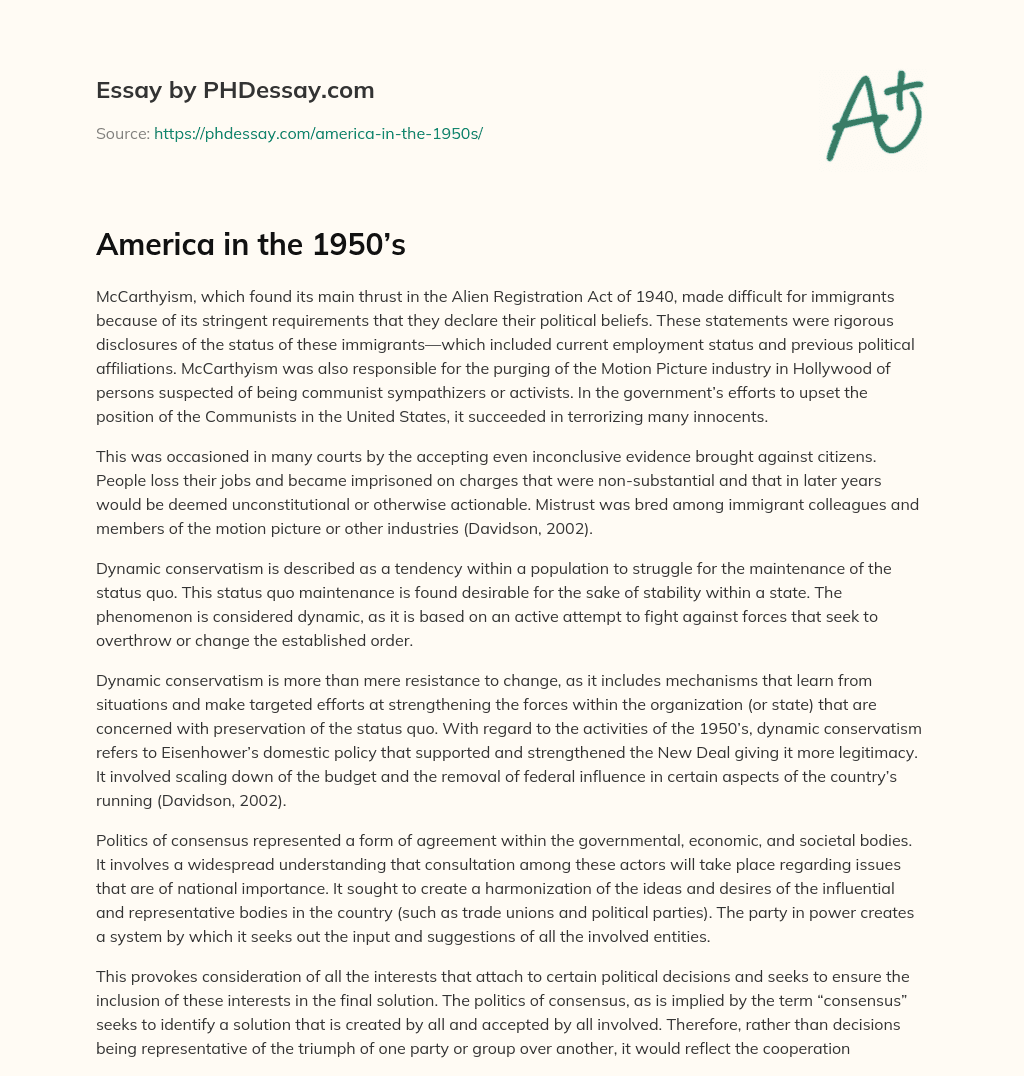 America in the 1950’s - PHDessay.com