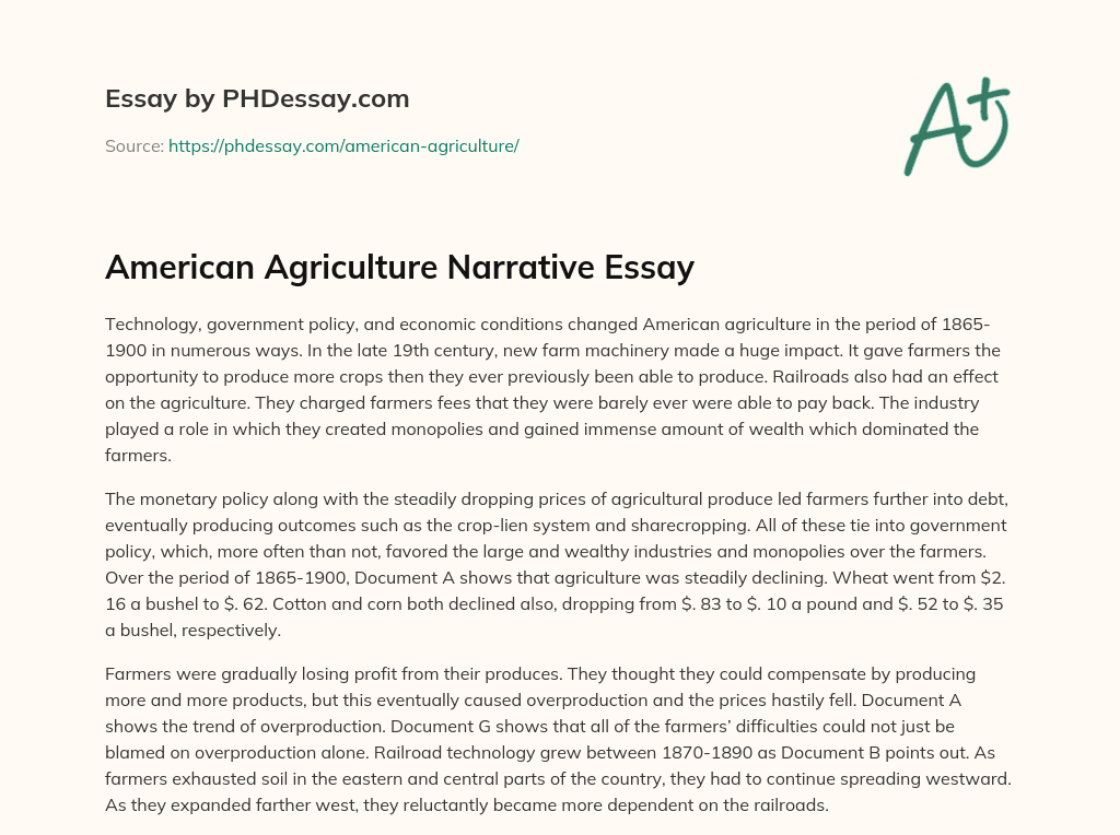 American Agriculture Narrative Essay (300 Words) - PHDessay.com