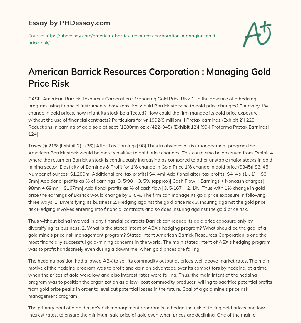 American Barrick Resources Corporation : Managing Gold Price Risk ...