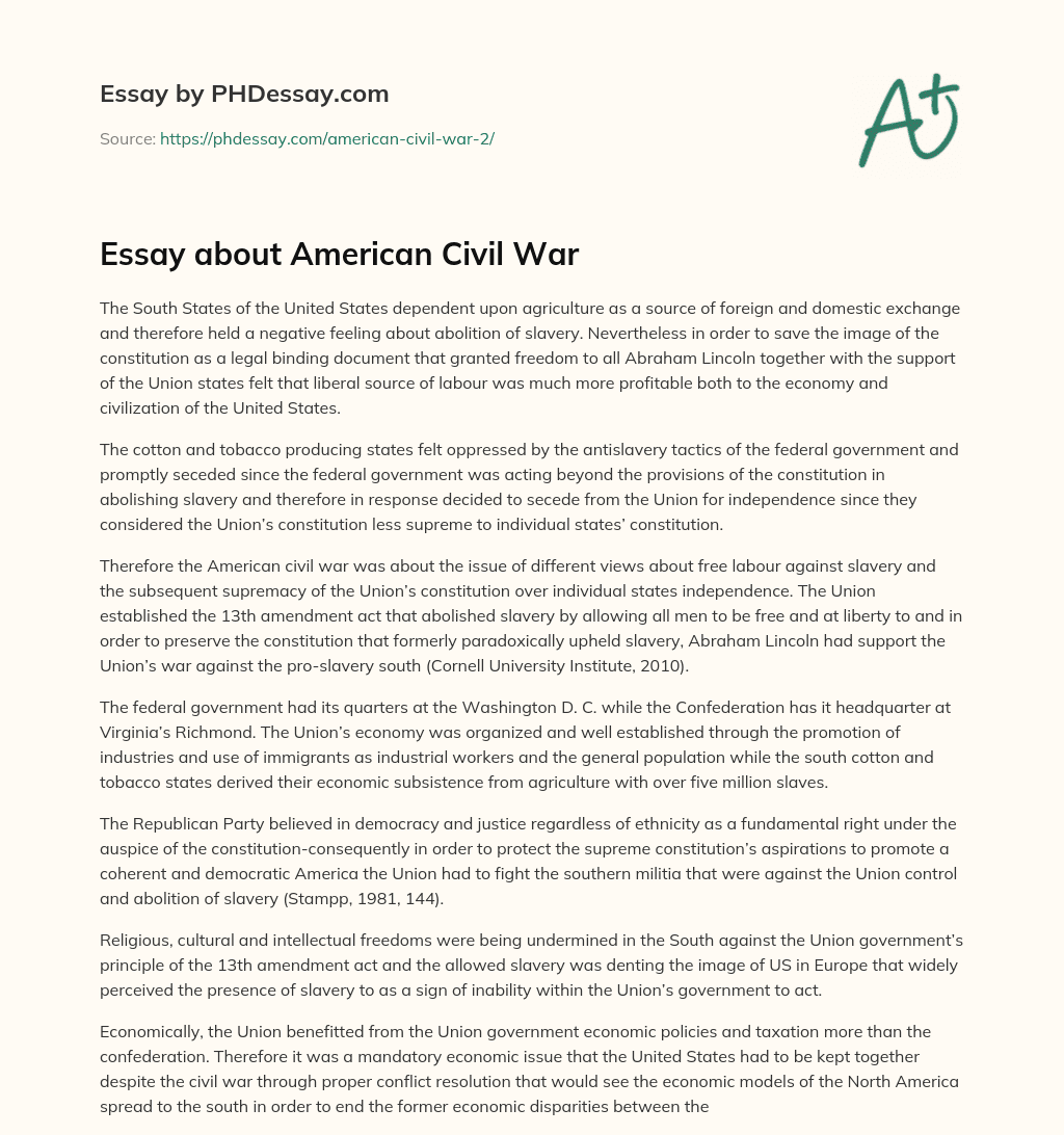 Essay about American Civil War - PHDessay.com
