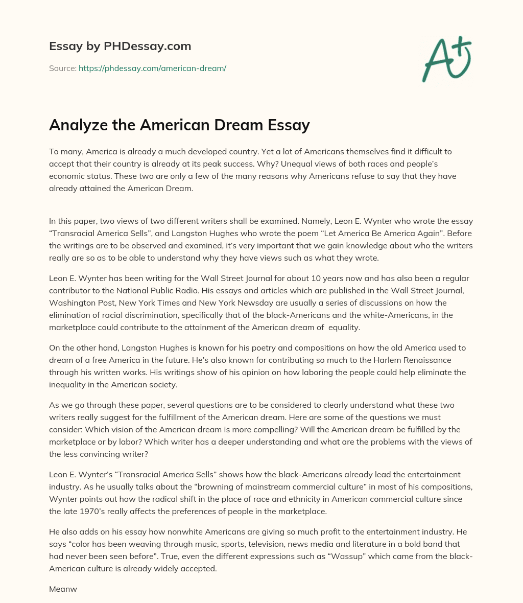 Analyze the American Dream Essay - PHDessay.com