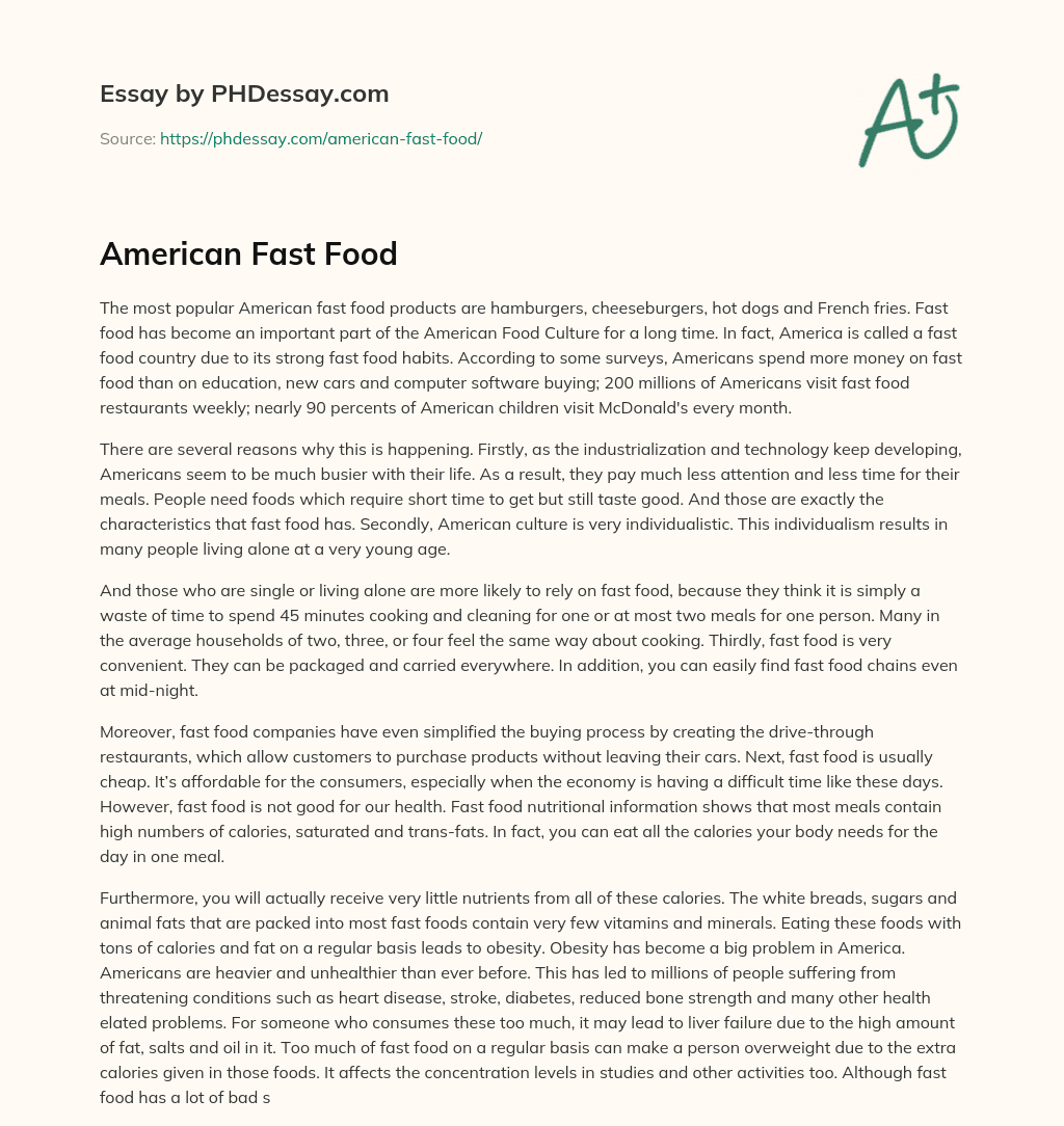 American Fast Food (500 Words) - PHDessay.com