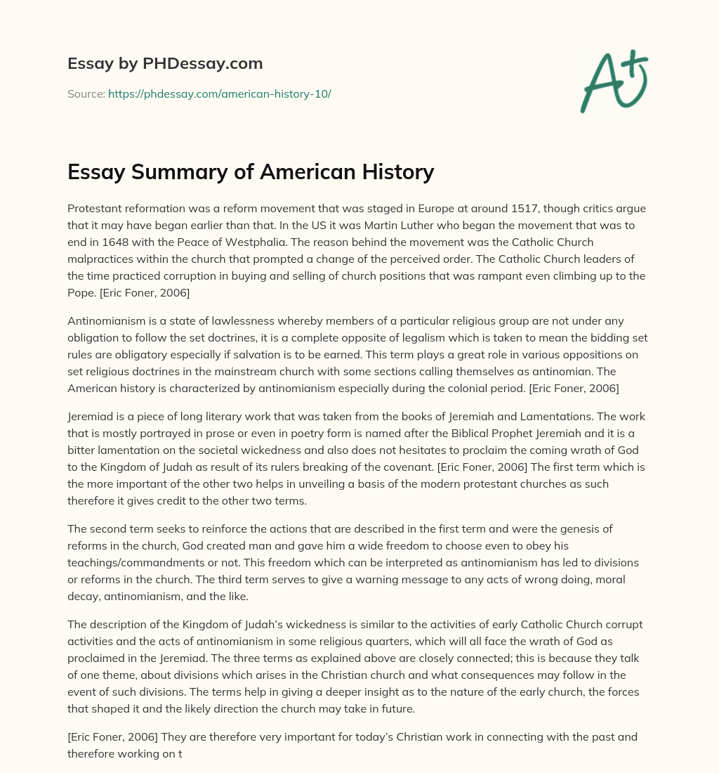Essay Summary of American History - PHDessay.com