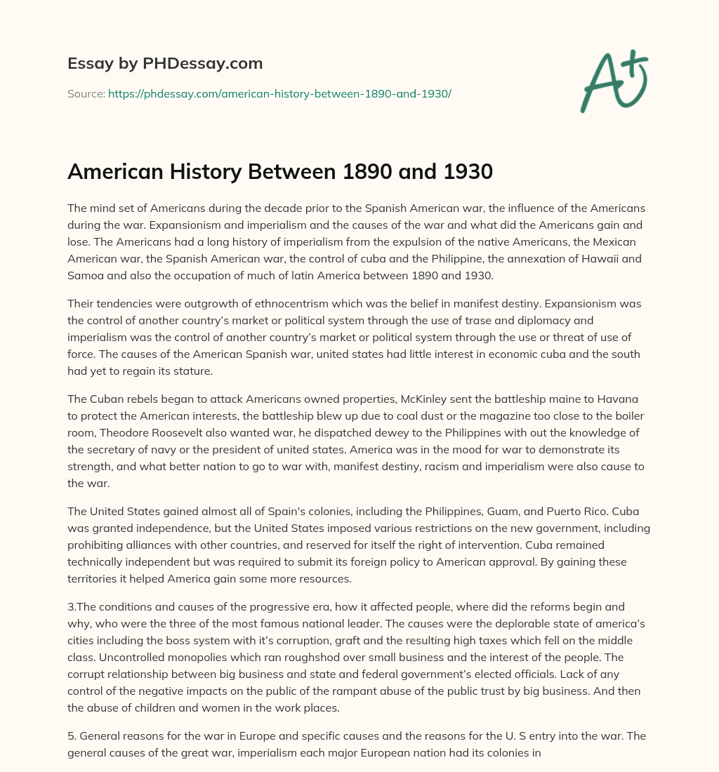 American History Between 1890 and 1930 - PHDessay.com