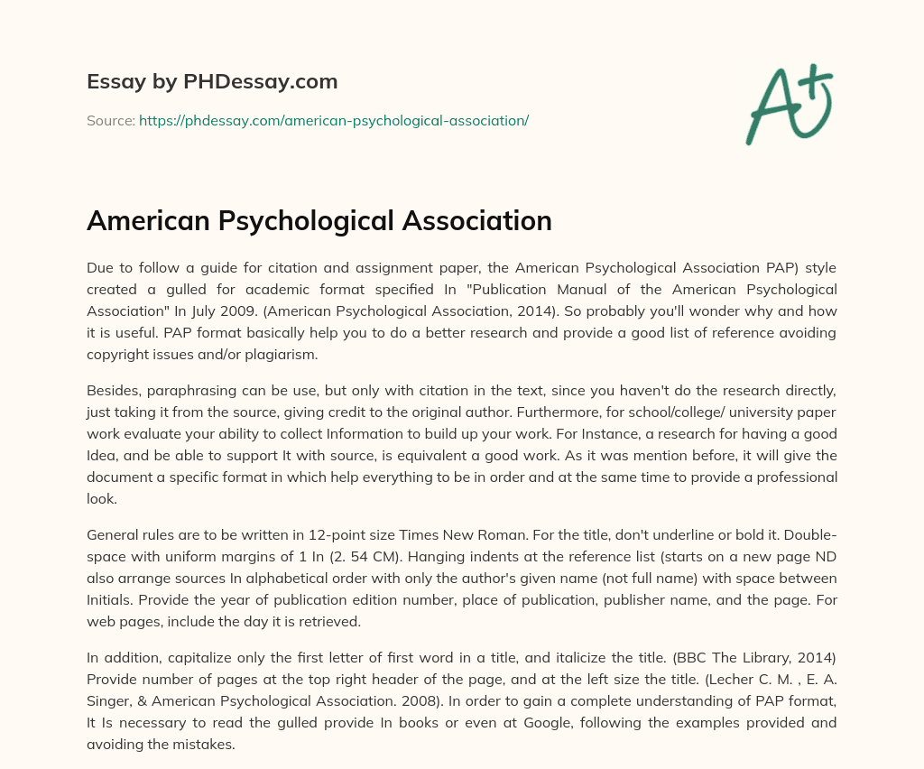 American Psychological Association (300 Words) - PHDessay.com