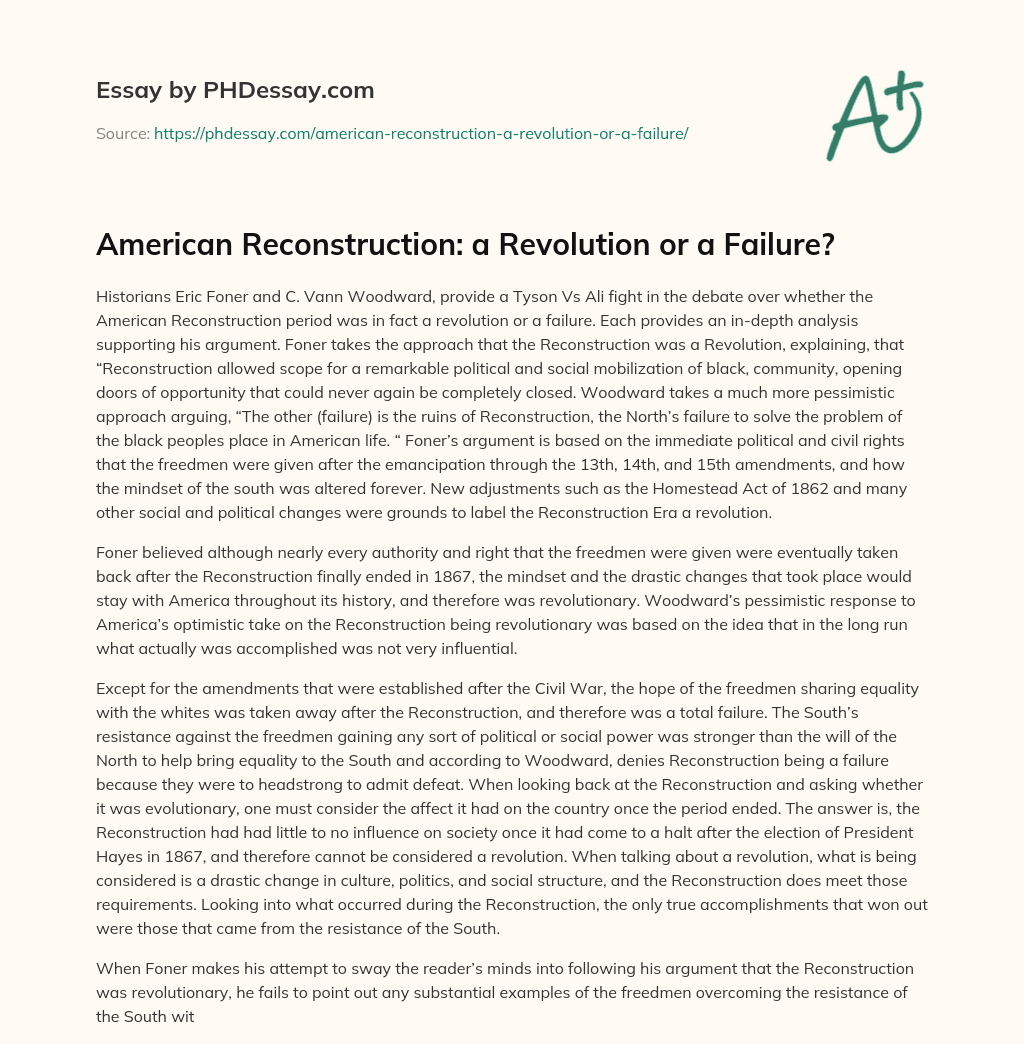 American Reconstruction: a Revolution or a Failure? - PHDessay.com