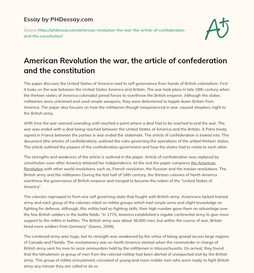 American Revolution the war, the article of confederation and the ...