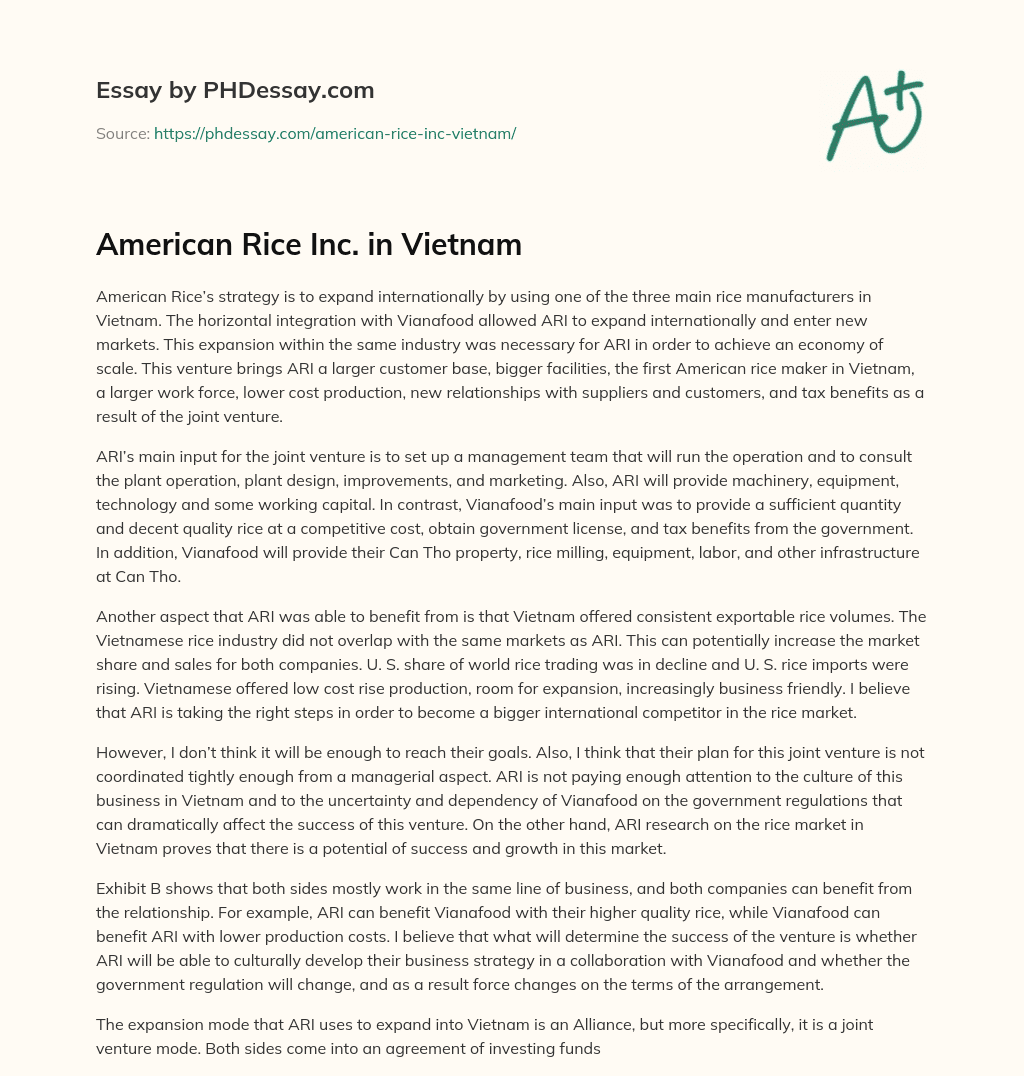 American Rice Inc. in Vietnam - PHDessay.com